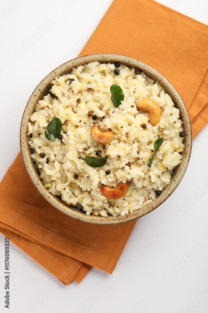 South Indian Food Ven Pongal Khara Pongal with Sambar popular breakfast ...