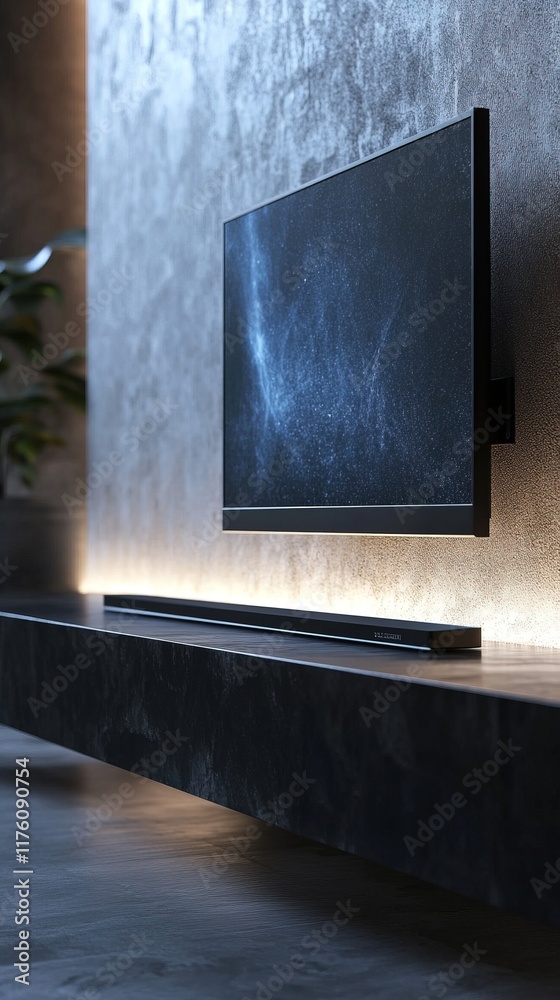 Modern TV and soundbar setup on a floating shelf. Stock Illustration ...