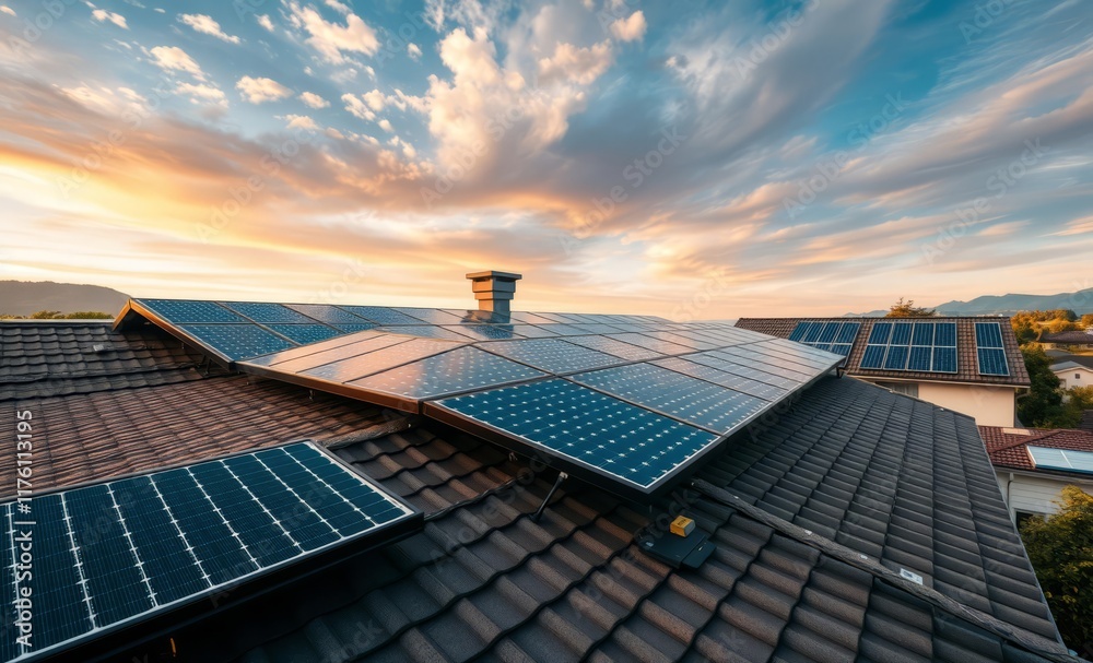 Solar panels, rooftop installation, dramatic sunset sky, cloud ...