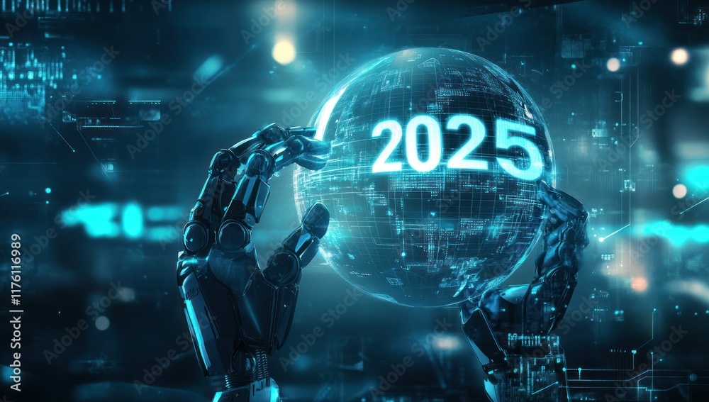 Robotic Hand Holding a Digital Globe with 2025 Stock Illustration ...
