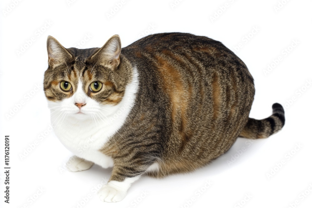 Fat tabby cat with distinctive markings sitting on a white background ...