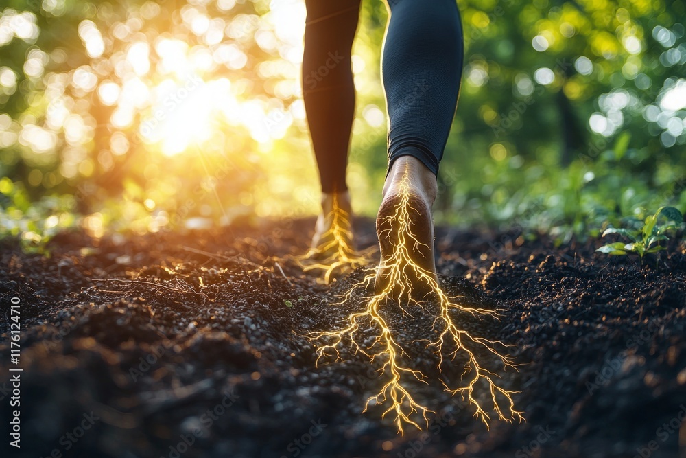 human figure walks barefoot through peaceful forest clearing glowing ...