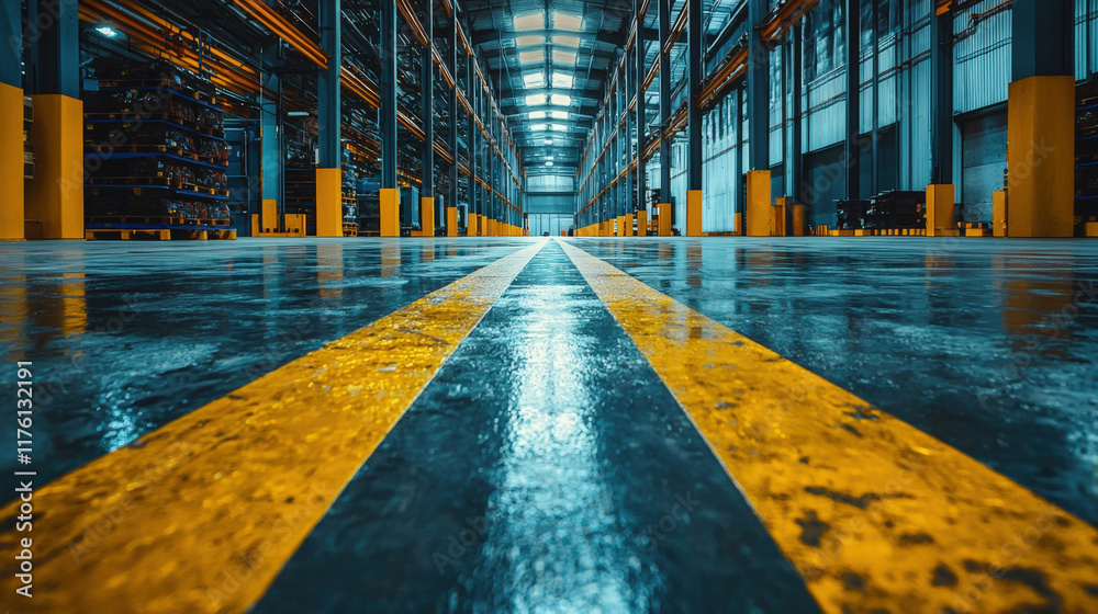 Brightly lit warehouse floor with yellow safety lines marking pathways ...