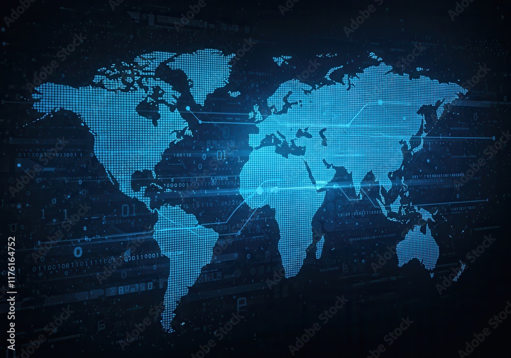 Digital world map with glowing blue data connections and network design ...