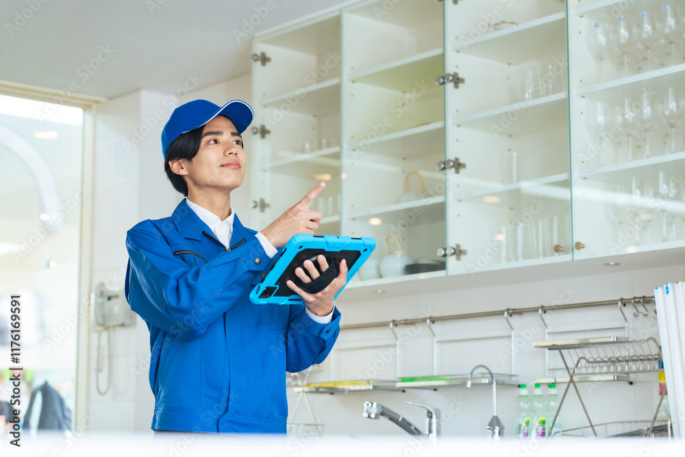 tablet, worker, inspection, factory, man, design, interior ...