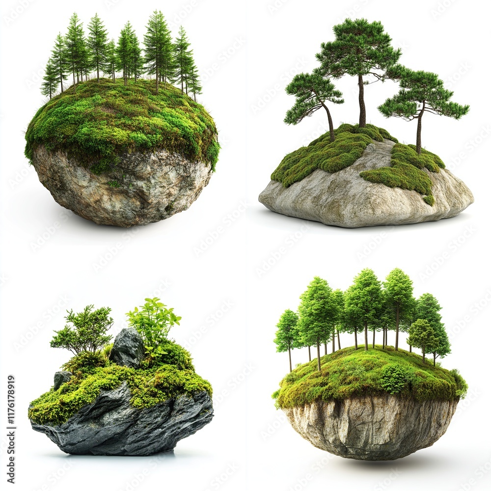 Four digital renders of floating islands with diverse vegetation. Stock ...