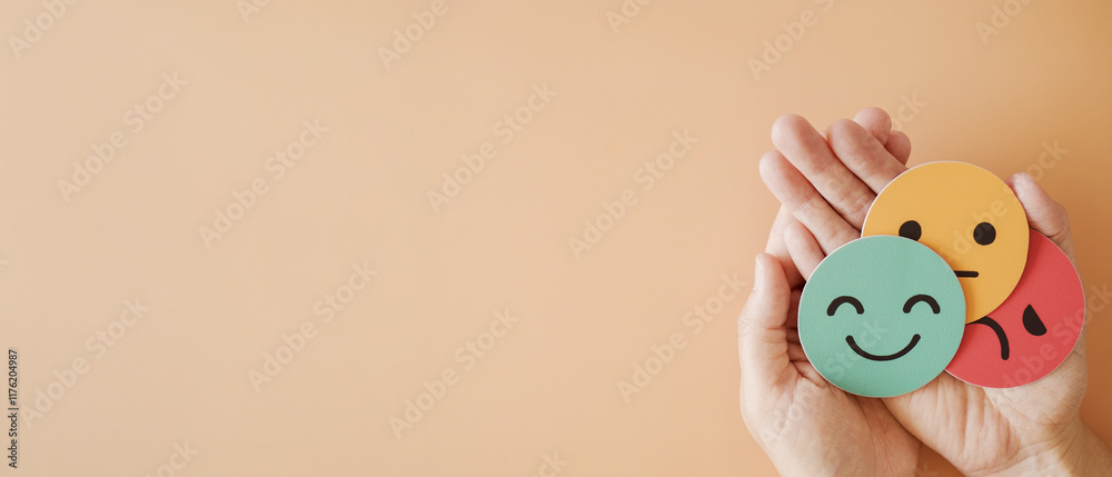 Foto Hands holding sad face hiding behind happy face, bipolar and ...