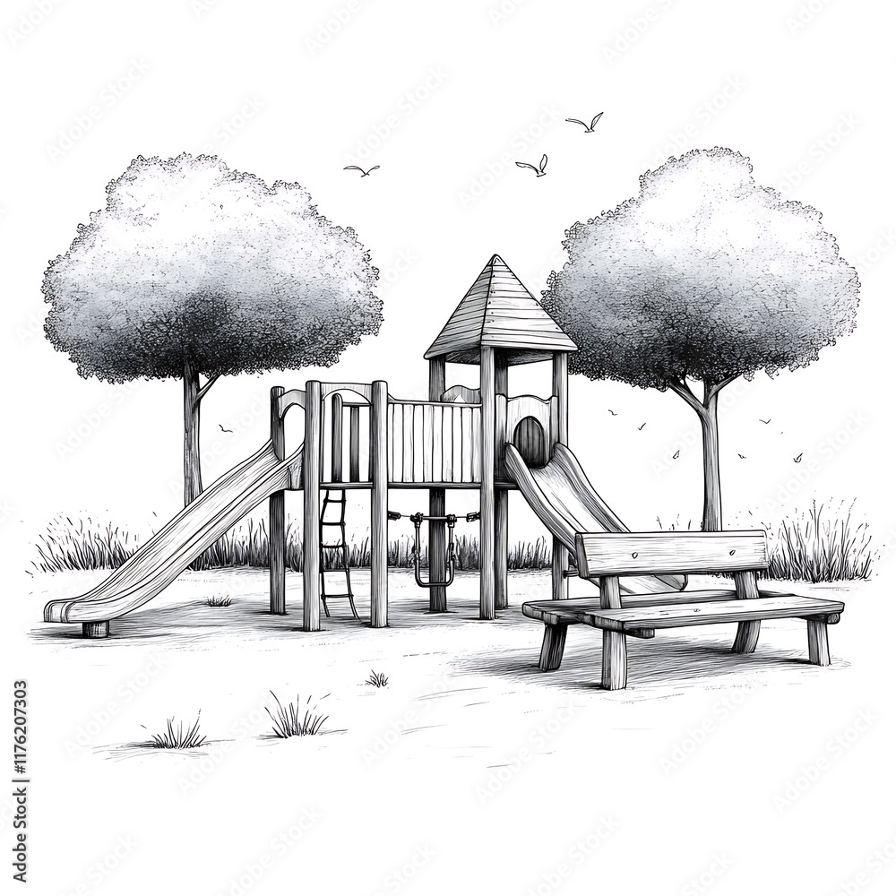 Black and white illustration of a playground with a slide, climbing ...