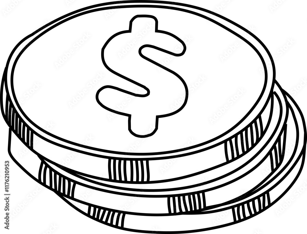 hand drawing illustration of pile coins. stack of dollar coins. money ...