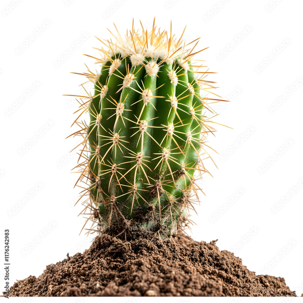 Cactus seedling with tiny spines growing in sandy soil isolated on ...