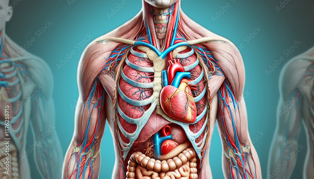 A medical diagram of the human chest area, showcasing internal organs ...