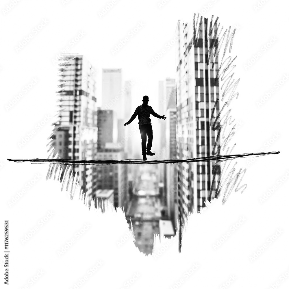 Daring figure flawlessly balances on tightrope amidst bustling city. A ...