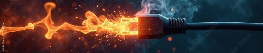 Sizzling electrical plug with flames and smoke billowing out, electric ...