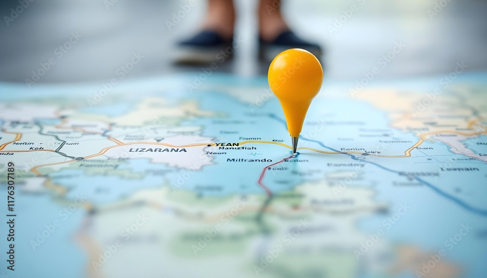 Map with a red pushpin marking a destination for travel planning and ...