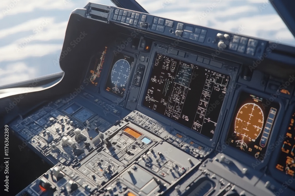 Detailed cockpit controls and displays of a modern aircraft, showcasing ...
