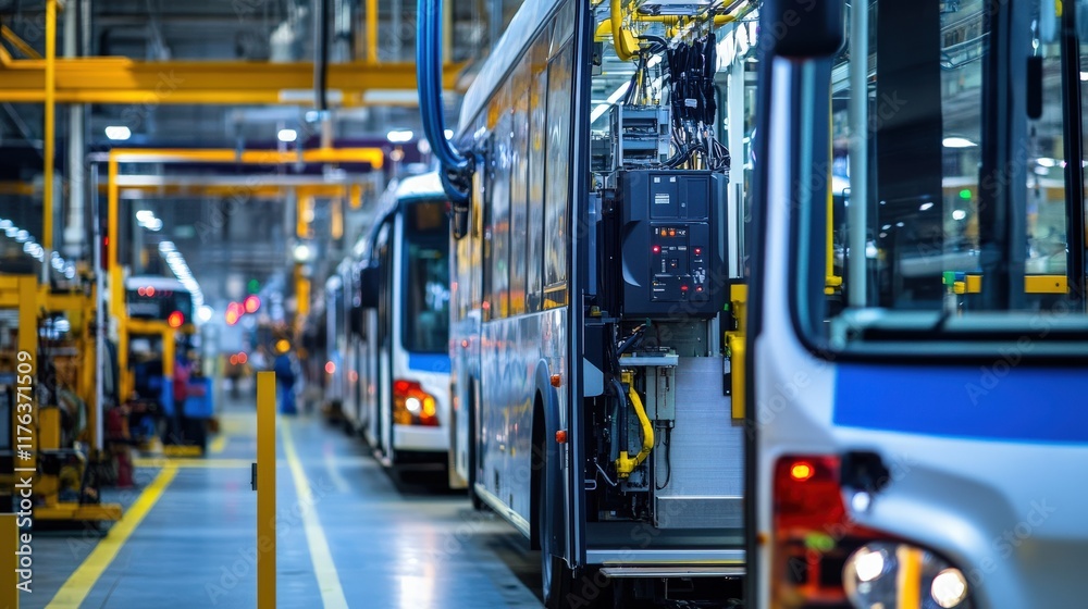 Modern Bus Manufacturing Facility with Multiple Buses in Production ...