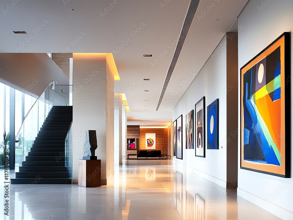 Hotel art gallery with modern sculptures, curated paintings, and ...