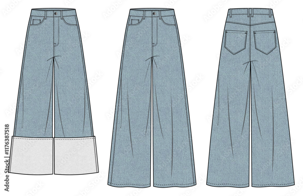 Vector de Stock Women’s Jeans, Denim pant, Front and Back View Vector ...