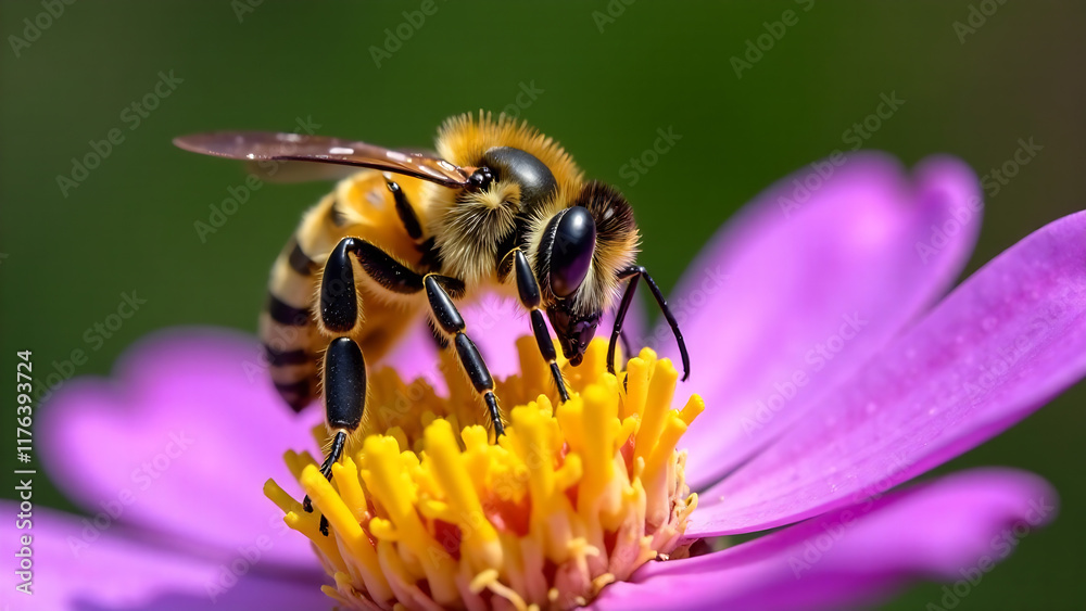 Abeja recolectando polen sobre una flor silvestre de color lila. La ...