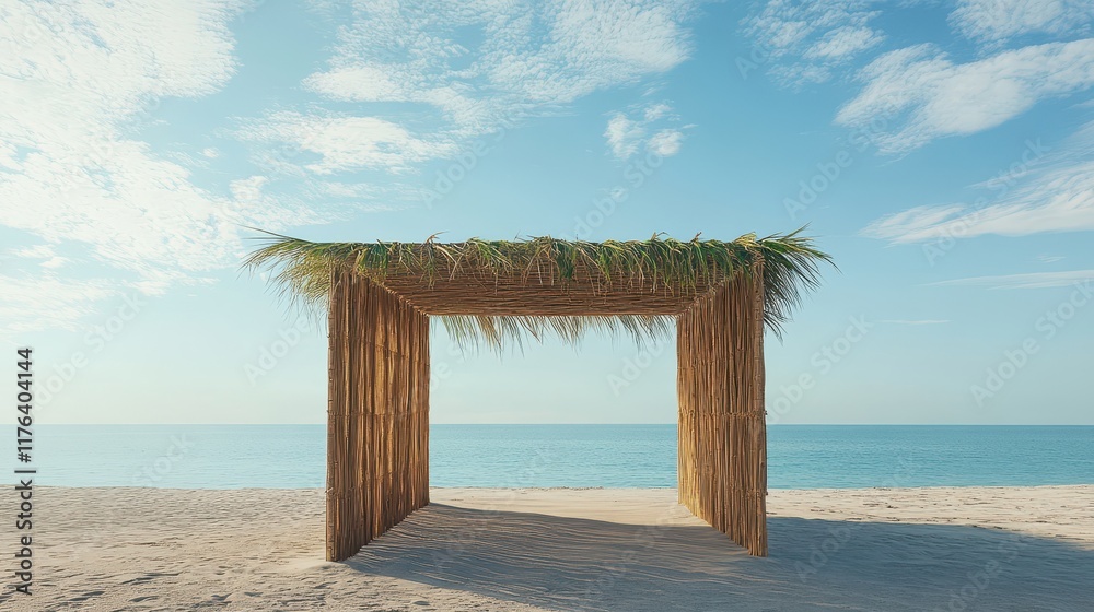 Simple sukkah booth with palm branches as roofing, set on a sandy beach ...