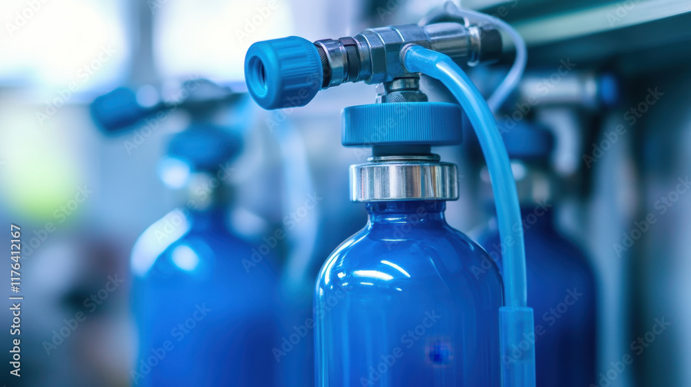 Oxygen therapy equipment with blue gas cylinders and tubing. Essential ...