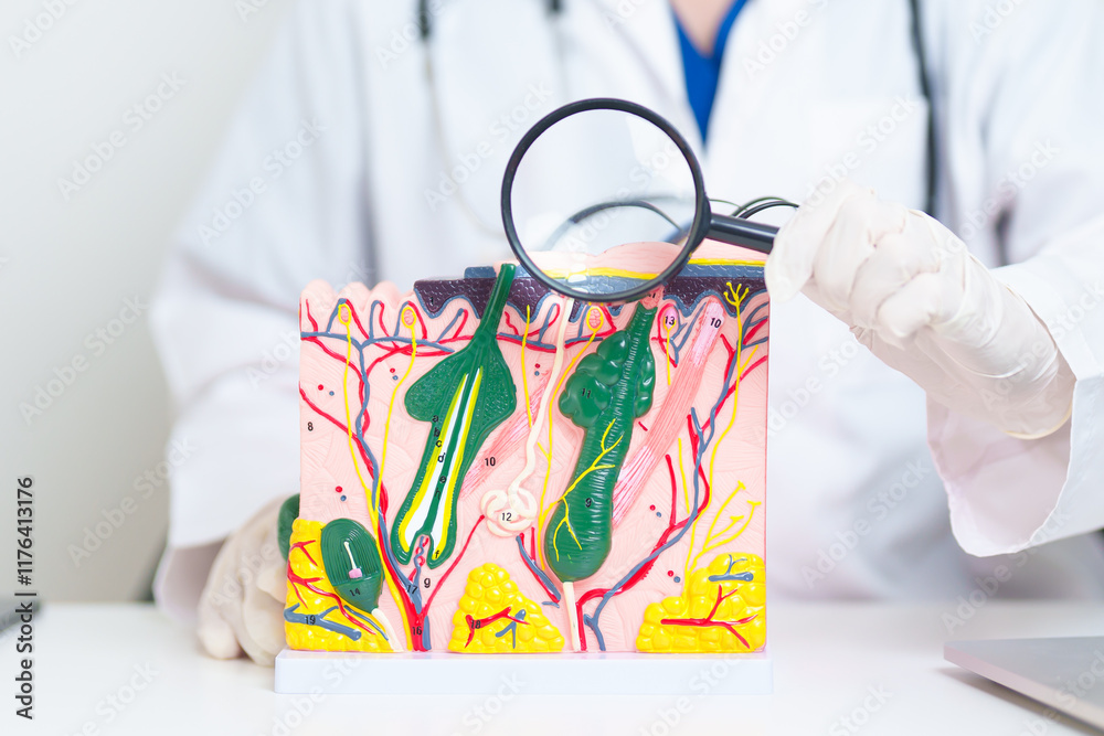 Dermatologist with magnifying glass anatomy of human skin with hair ...