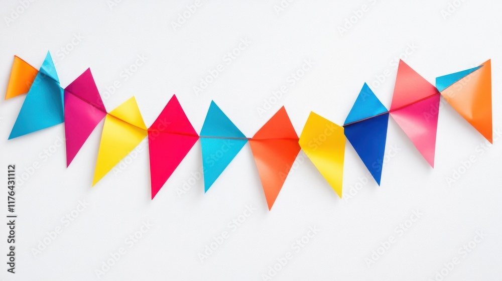 Vibrant multicolor bunting in a triangular shape, isolated on a plain ...