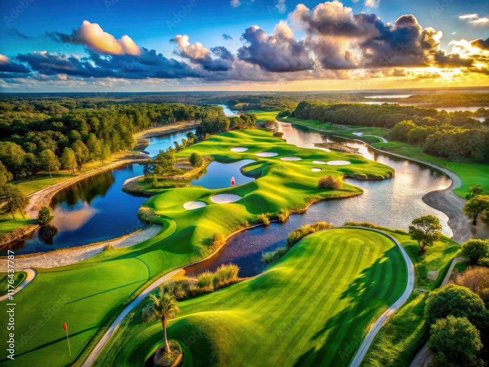 Aerial drone shots showcase championship golf course insignia; high ...