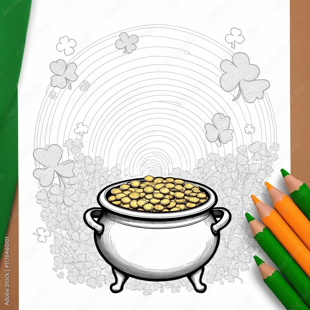 st patrick's day coloring page. leprechaun, pot gold illustration ...