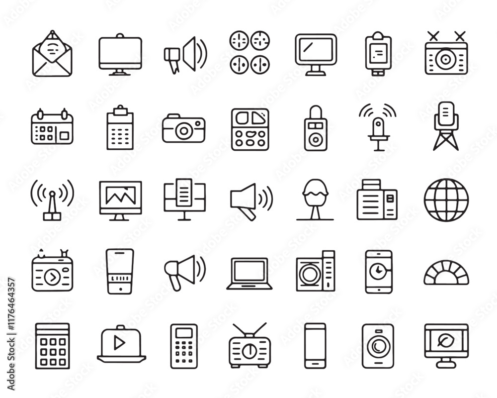 Mass media line art 50 icon set symbols set Stock Vector | Adobe Stock