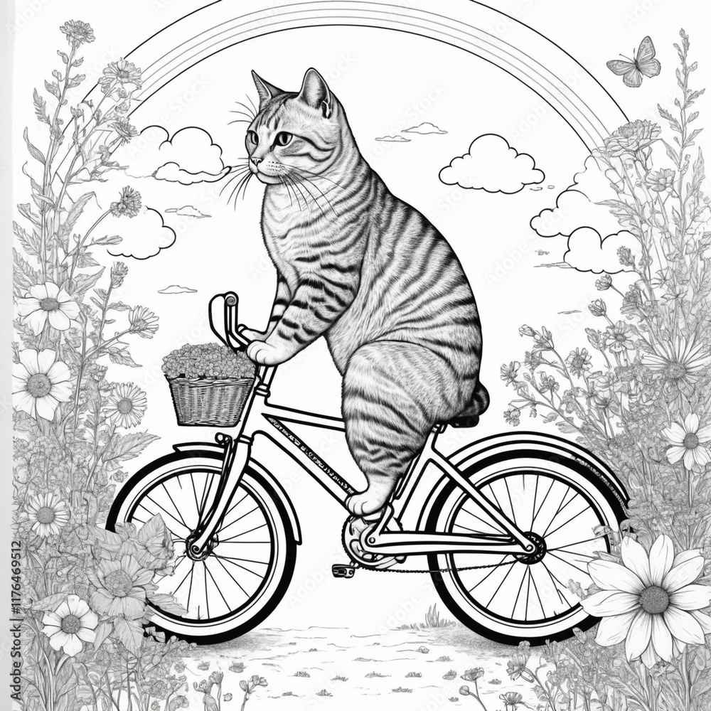 cat riding a bike, rainbow and flowers coloring page. you can print it on standard 8.5x11 inch ...