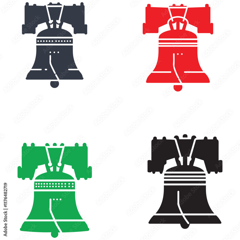Colorful Vintage USA Liberty Bell Icon Set Multicolor Silhouettes of ...