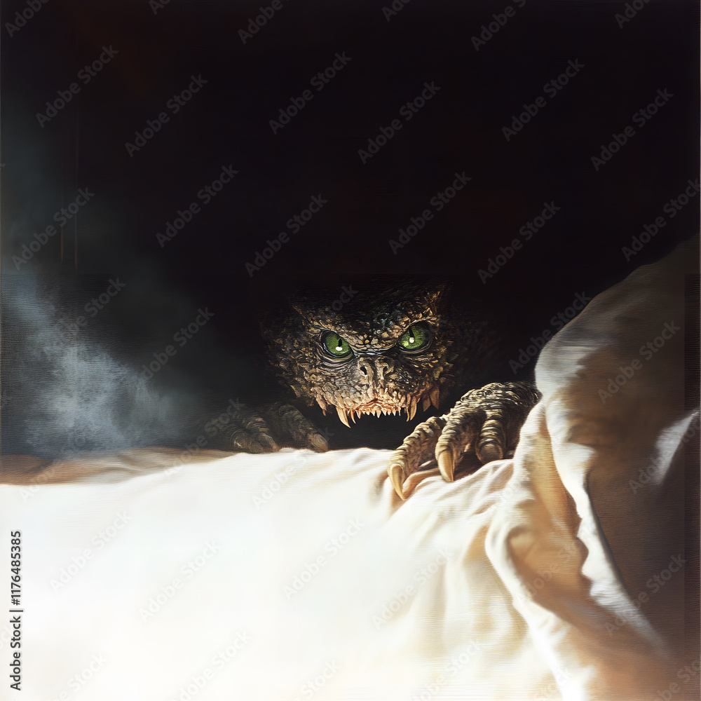 monster lurking under bed, with glowing green eyes and sharp claws ...