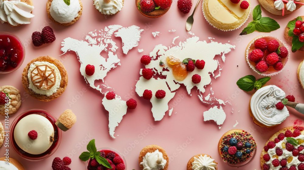 Desserts and fruits infographics design with world map of most commonly ...