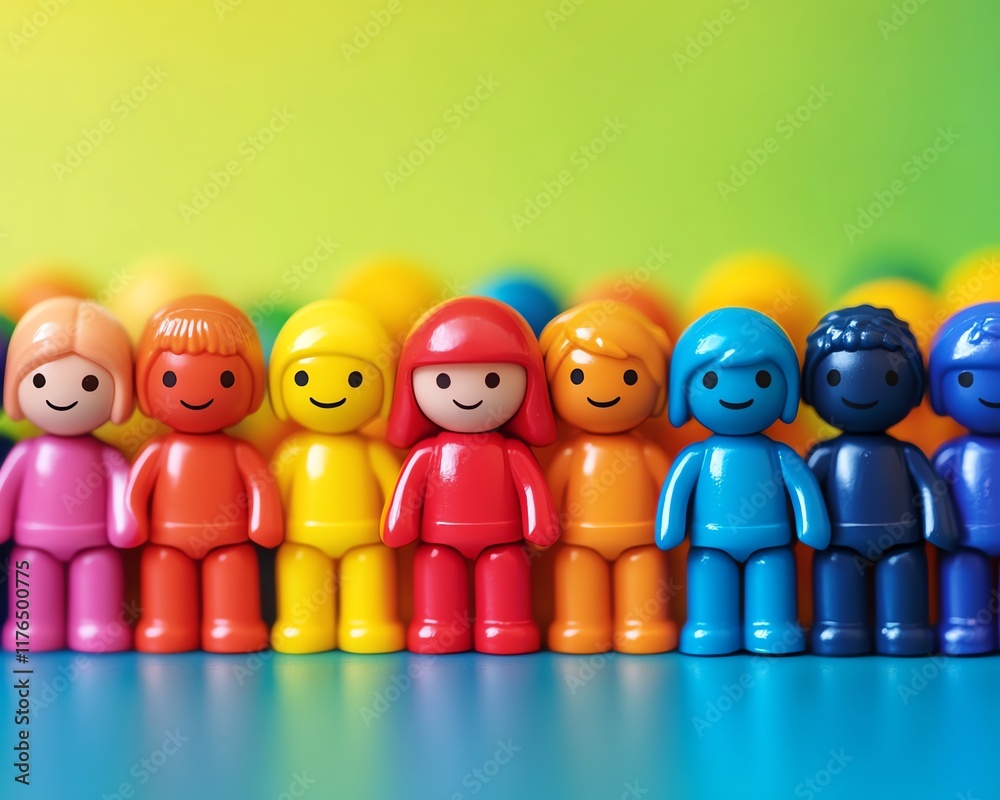 Toy figures in vibrant colors, lined up in perfect alignment ...
