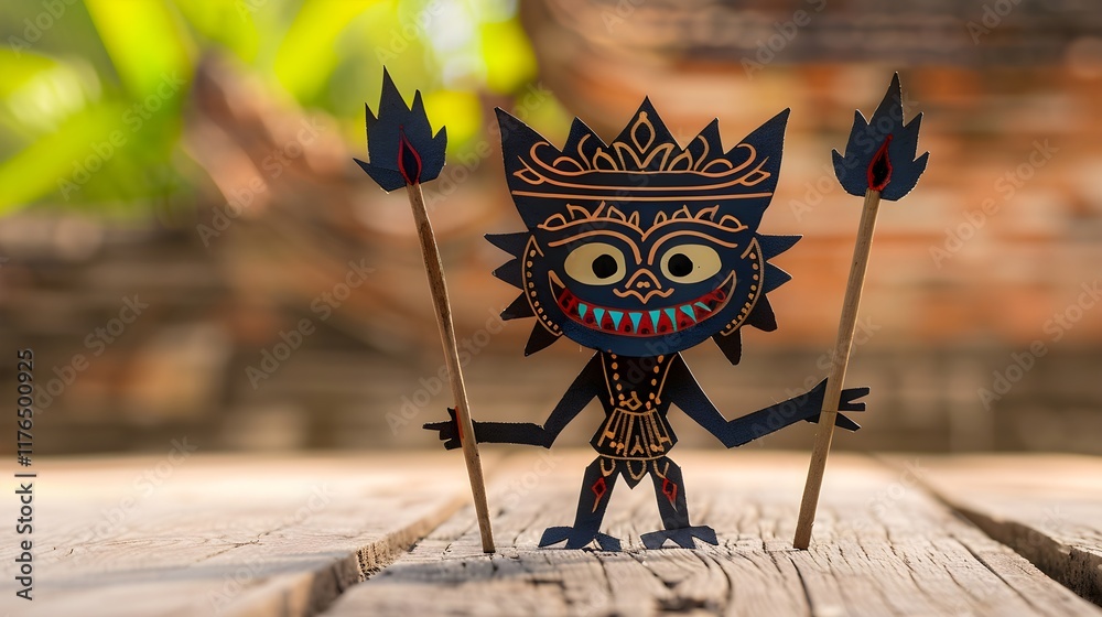 A vibrant, handcrafted Indonesian shadow puppet (wayang kulit ...