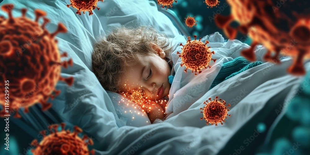 Child in hospital bed surrounded by glowing hmpv particles human ...