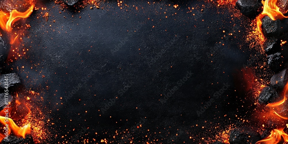 Fire and flames create an intense background. Burning embers and ...