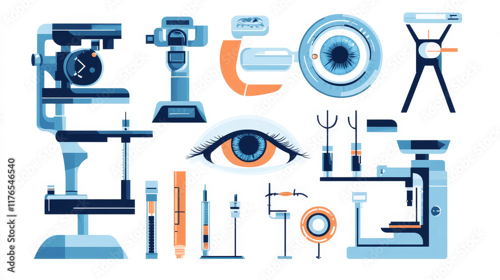Optometry icons, eye laser surgery, phoropter and ophthalmology ...