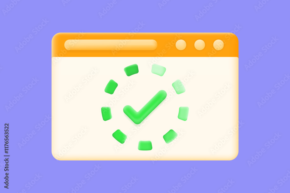 3D web browser illustration with a green checkmark and progress ...