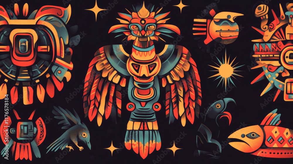 Mayan aztec totems, vector animal, bird, sun and god tribal ethnic ...