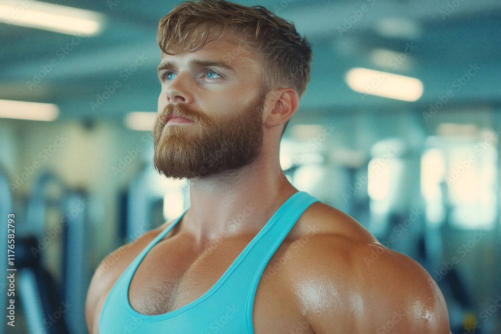 Sweaty bodybuilder resting after intense workout in gym. Strong bearded ...
