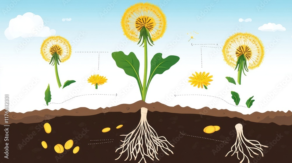 Ilustración de Stock Dandelion life cycle illustration showing growth ...