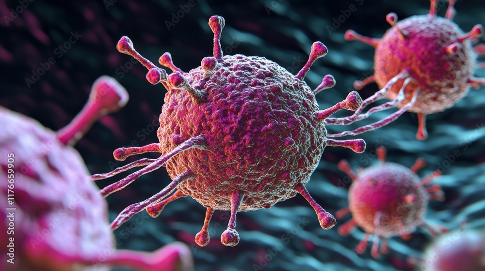 Micrograph of a virus attacking a healthy immune system cell. Stem cells, immunology, and ...