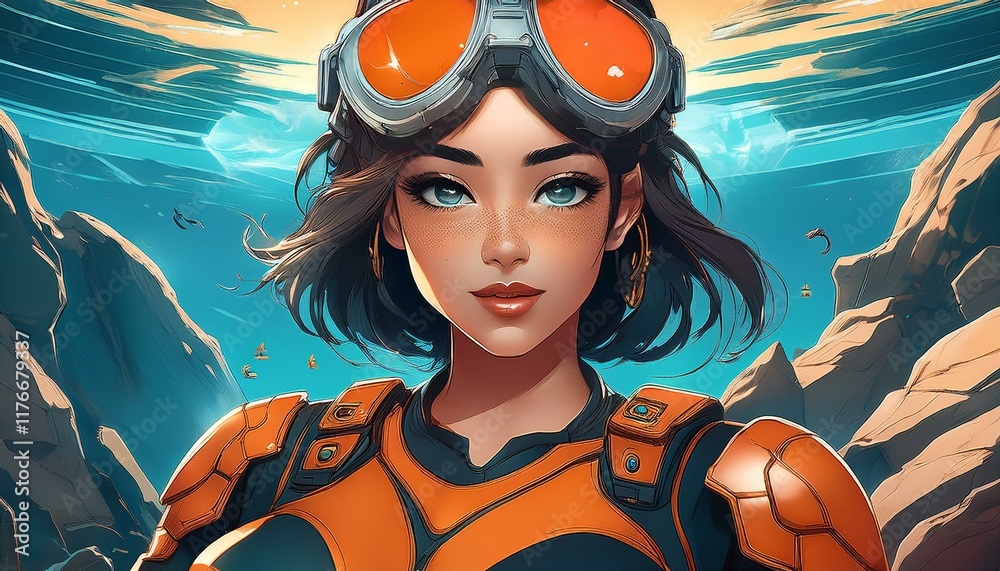 woman on the beach. Comic cover art. A beautiful short woman with ...