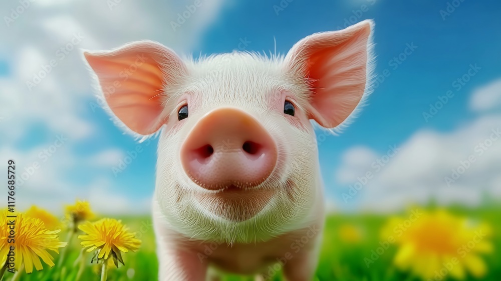 Pig is standing in a field of yellow flowers. The pig has a big smile ...
