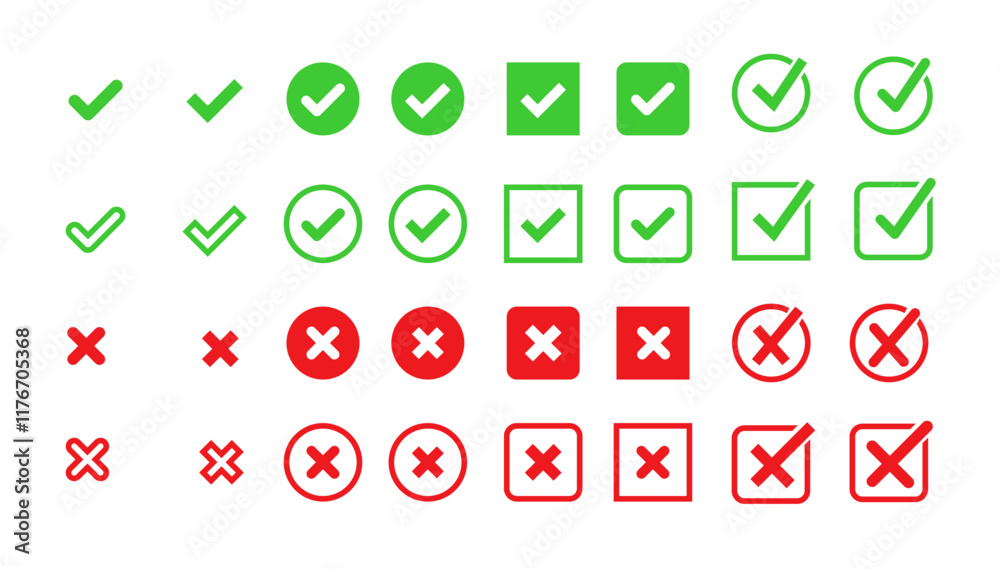 Green check mark and red cross icons: Flat style set for Yes-No, Approved-Rejected, Right-Wrong ...