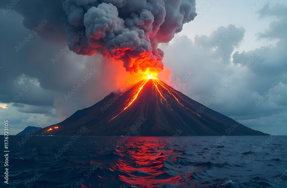 Epic volcanic eruption on a deserted island in the ocean,fiery rivers ...