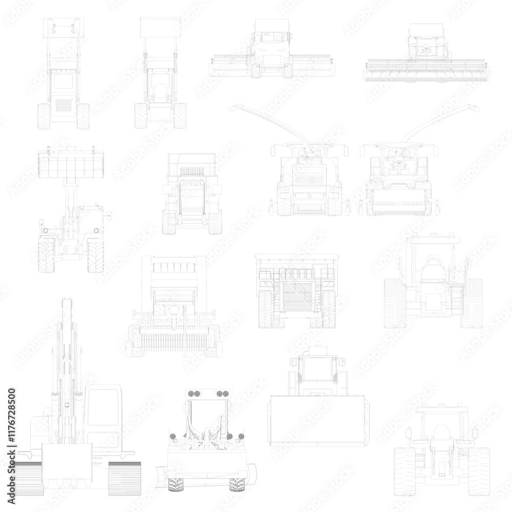 Collection of drawings of various vehicles, including a truck, a ...