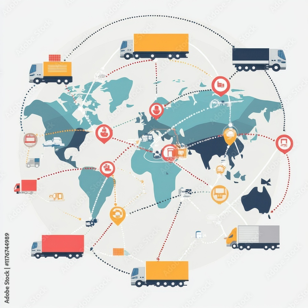 Colorful global transport network with various trucks and logistics ...